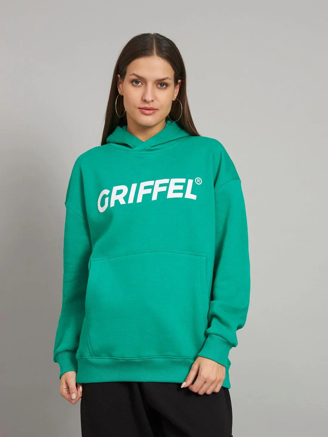 Griffel Women Oversized Fit Bottel Green Cotton Front Logo Fleece Hood ...