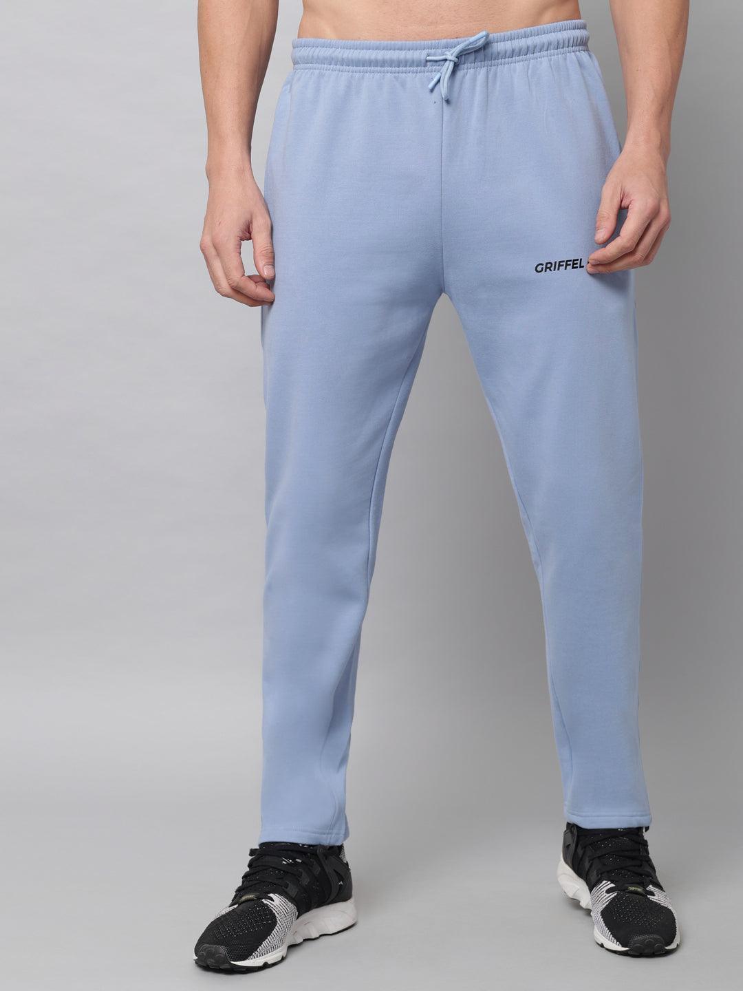 GRIFFEL Men Fleece Basic Solid Front Logo Sky Blue Trackpants – griffel